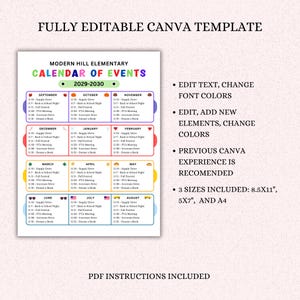 PTO/PTA Calendar of Events Flyer - Editable Canva Template for School ...