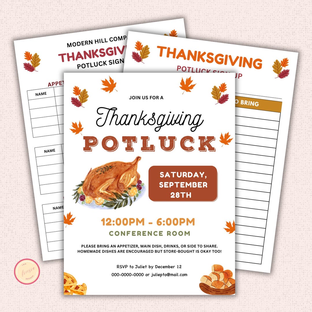 Thanksgiving Potluck Flyer and Sign-up Sheet Template Bundle, Editable ...