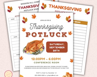Thanksgiving Potluck Sign-up Sheet Template Bundle, Editable ...