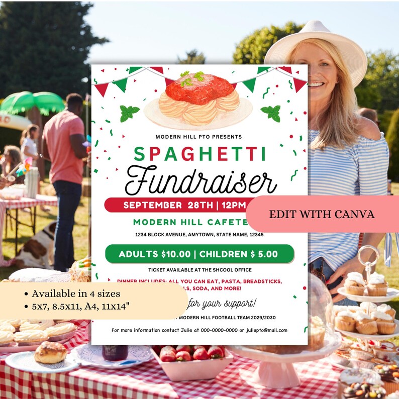 Spaghetti Dinner Fundraiser Flyer and Ticket Template, School, PTO PTA ...
