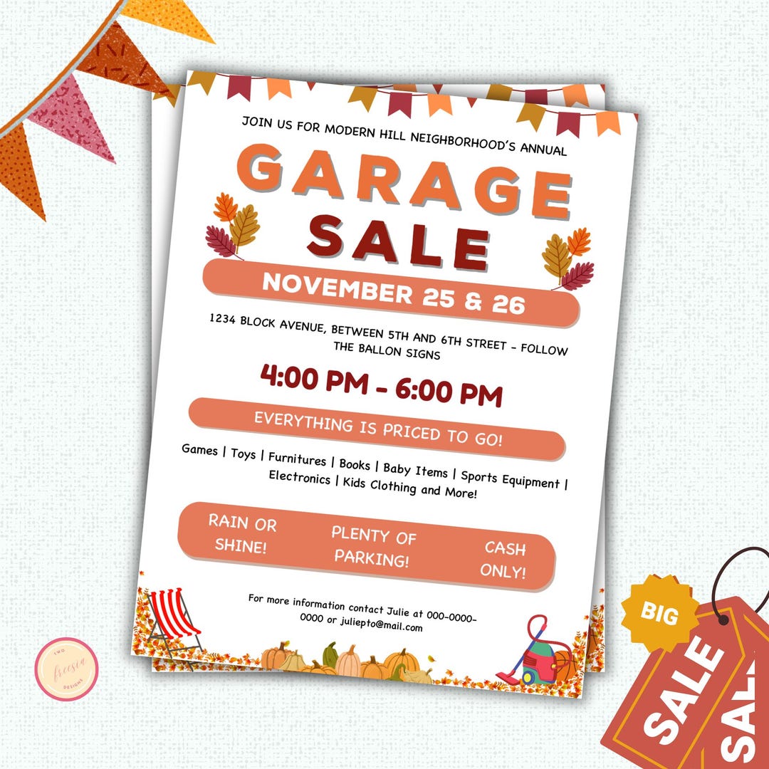 Fall Neighborhood Garage Sale Flyer, Printable PTA PTO, School Church ...
