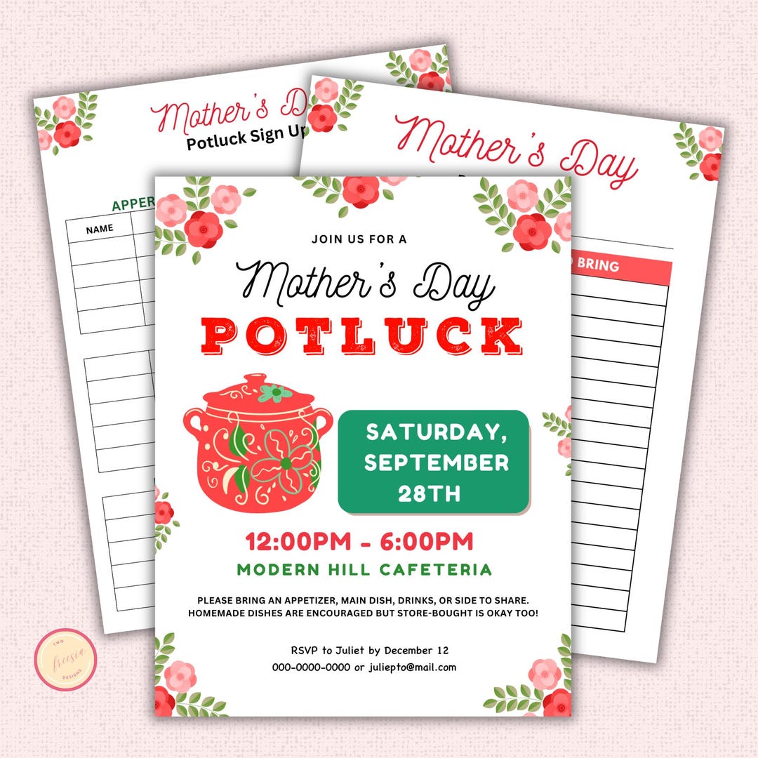 Mother's Day Potluck Flyer and Sign up Sheet Template, Editable Church ...