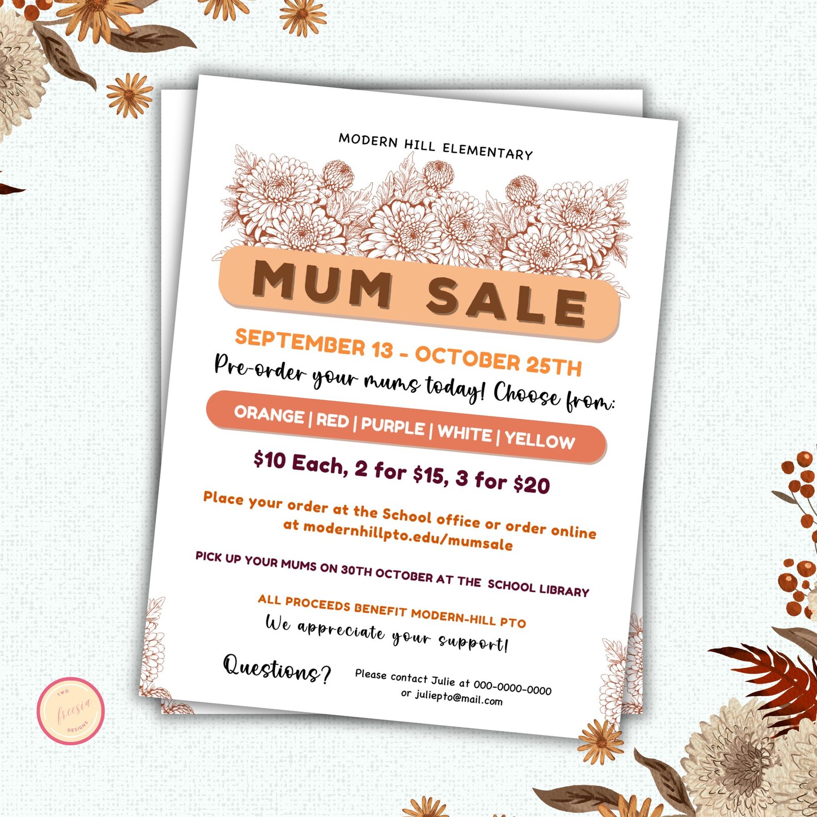 Editable Fall Mum Sale Flyer Template, School Fundraiser, Autumn ...