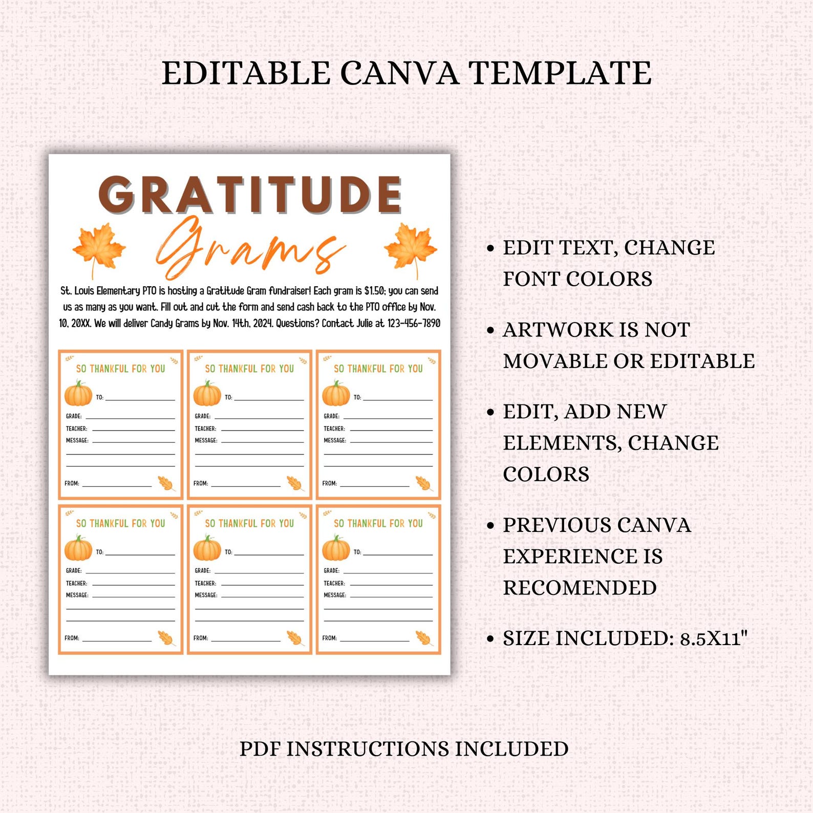 Gratitude Gram Flyer Thankful Grateful for You Candy Gram Editable Pto ...