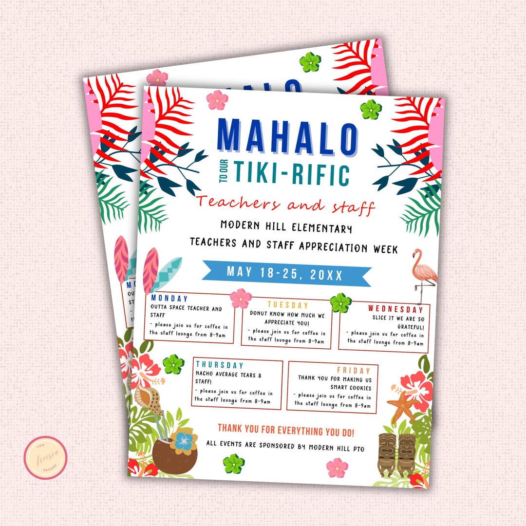 Mahalo Tiki Rific Hawaiian-themed Teacher Appreciation Week Flyer ...