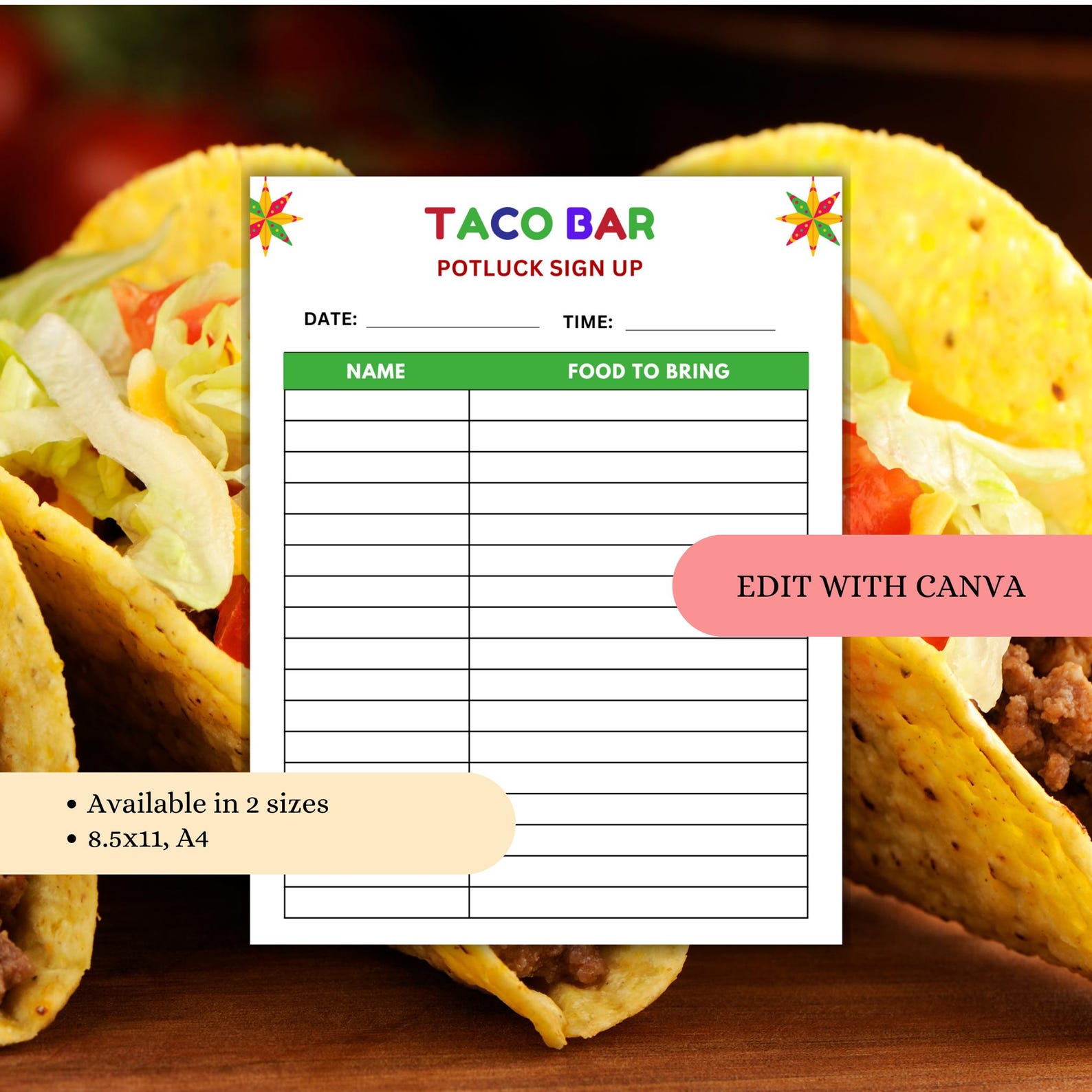 Taco Bar Potluck Sign-up Sheet Template, Church, Community Poster ...
