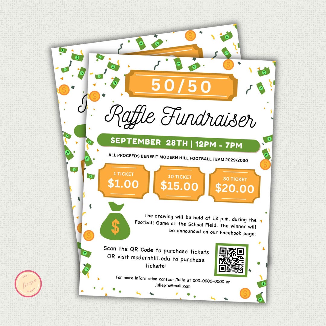 Editable 50/50 Raffle Ticket Fundraiser Flyer Template, Cash Card ...