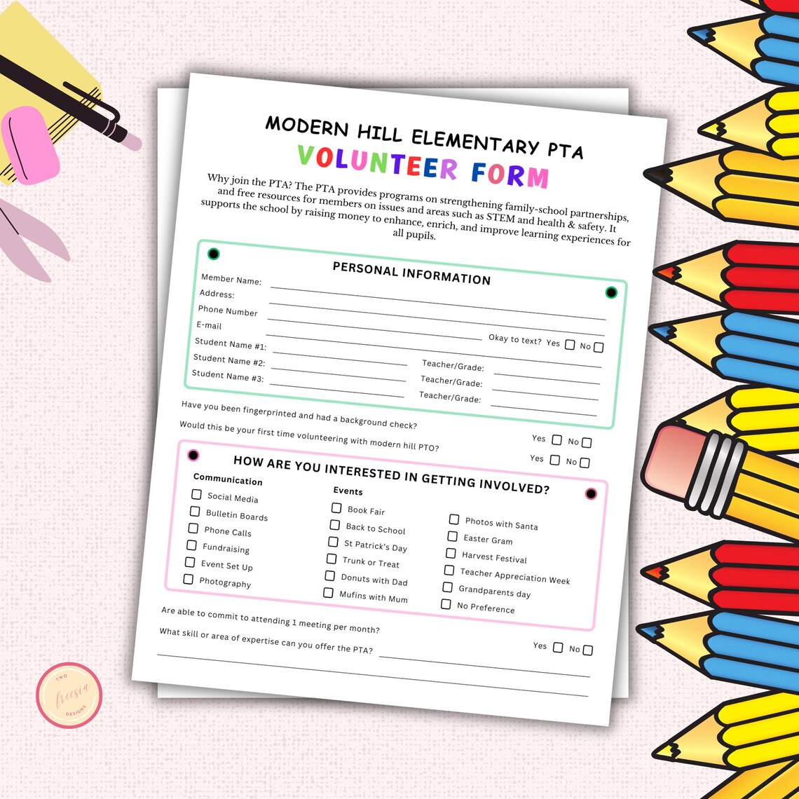 PTO PTA Volunteer Form Template - Editable Canva Template - Membership ...