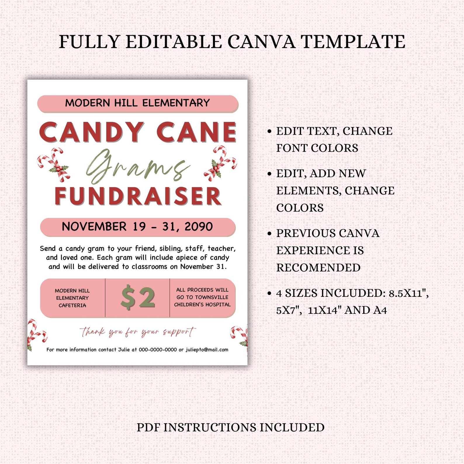 Editable Candy Cane Gram Canva Template - Holiday Christmas Grams ...