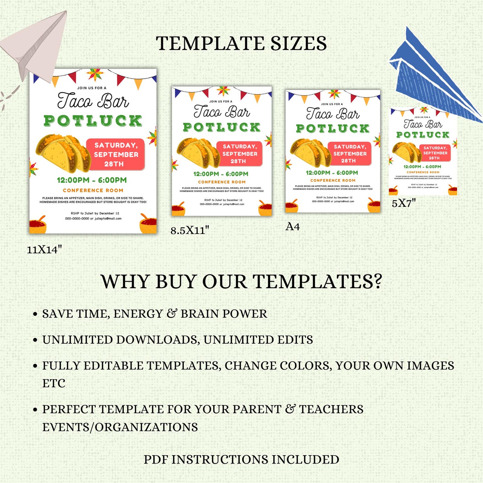 Taco Bar Potluck Flyer Template and Sign-up Sheet, Church, Community ...