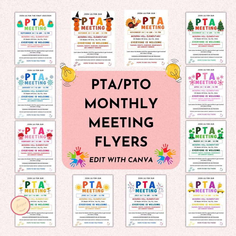 PTA PTO Monthly Meetings Flyer Template Bundle - Editable PTA Canva ...