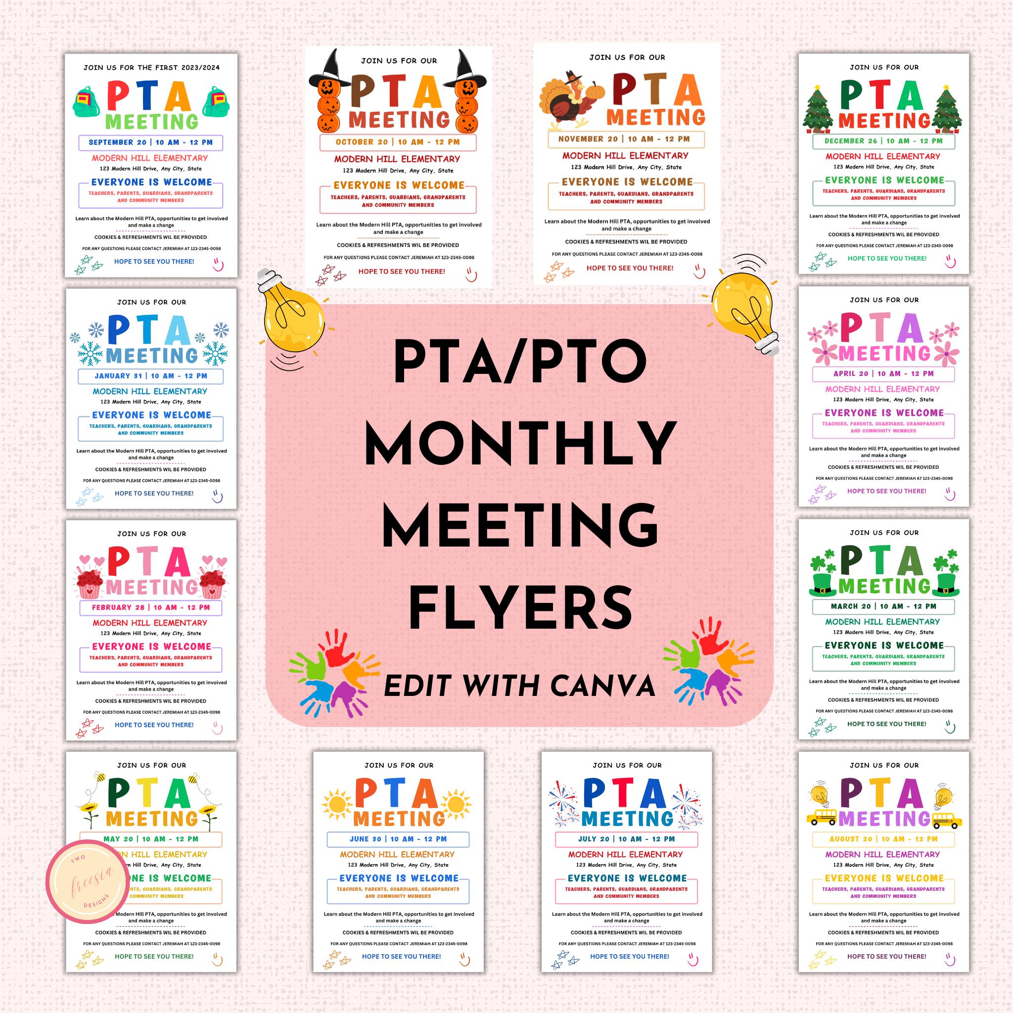 PTA PTO Monthly Meetings Flyer Template Bundle - Editable PTA Canva ...