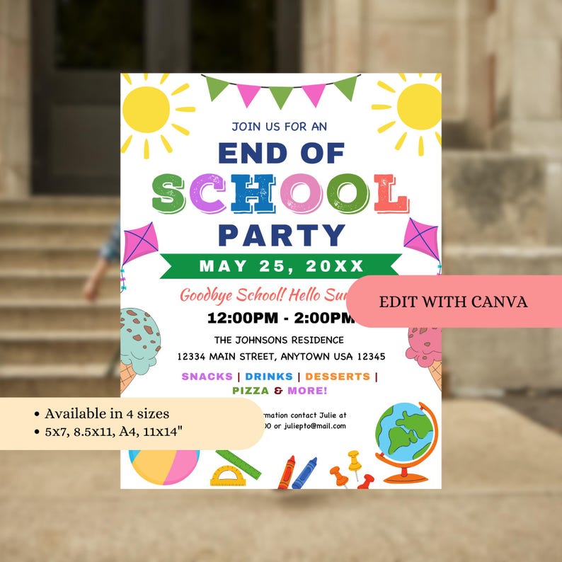 Editable End of School Party Flyer Template, Goodbye School, Hello ...