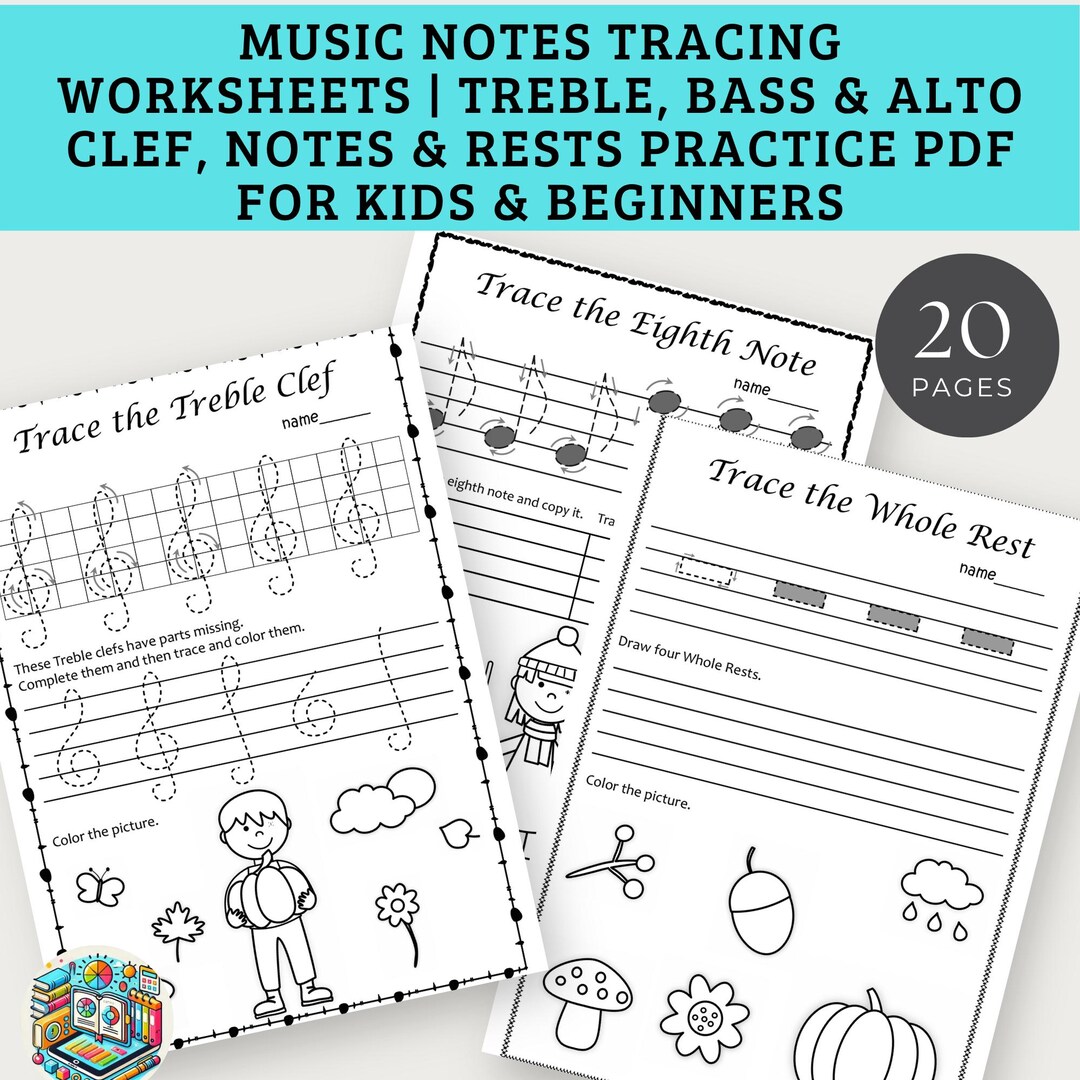Music Notes Tracing Worksheets | Treble, Bass & Alto Clef, Notes and ...