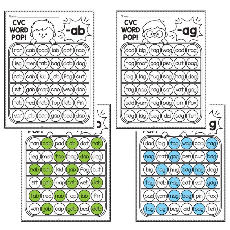 CVC Word Pop – Find and Dab CVC Words Worksheets - Etsy