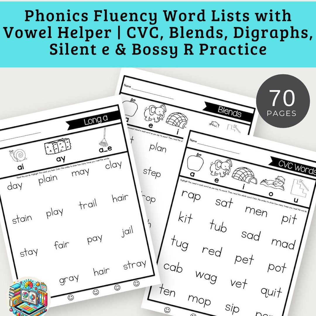 Phonics Fluency Word Lists With Vowel Helper | CVC, Blends, Digraphs ...