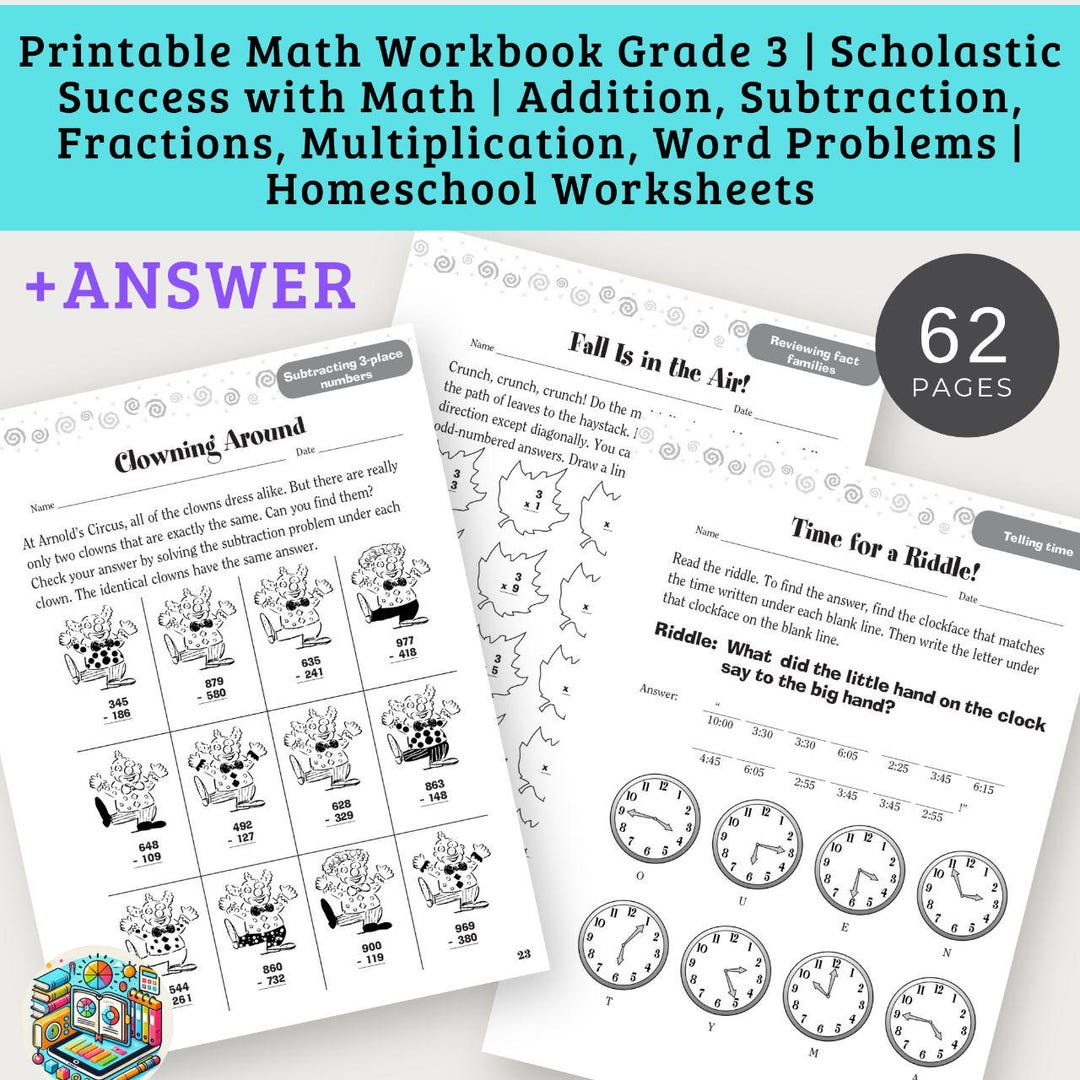 Printable Math Workbook Grade 3 | Addition, Subtraction, Fractions ...