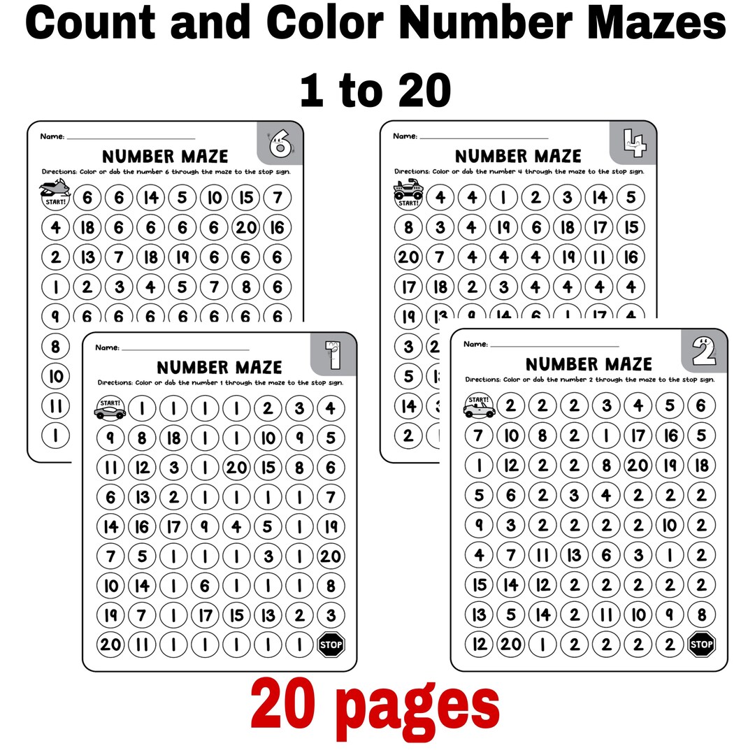 Count and Color Number Mazes 1 to 20 - Etsy