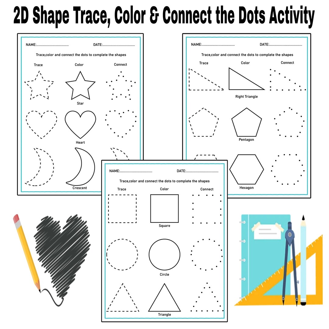 2D Shape Trace, Color & Connect the Dots Activity - Etsy