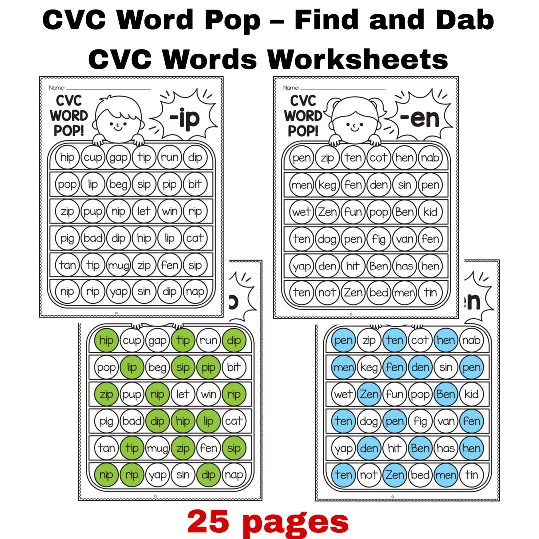CVC Word Pop Find and Dab CVC Words Worksheets - Etsy