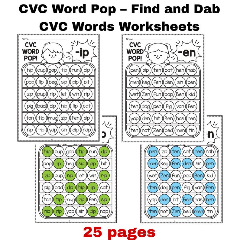 CVC Word Pop Find and Dab CVC Words Worksheets - Etsy