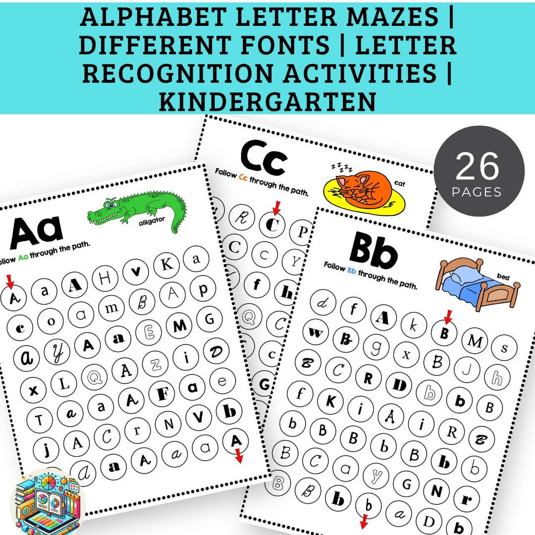 Alphabet Letter Mazes | Different Fonts | Letter Recognition Activities ...