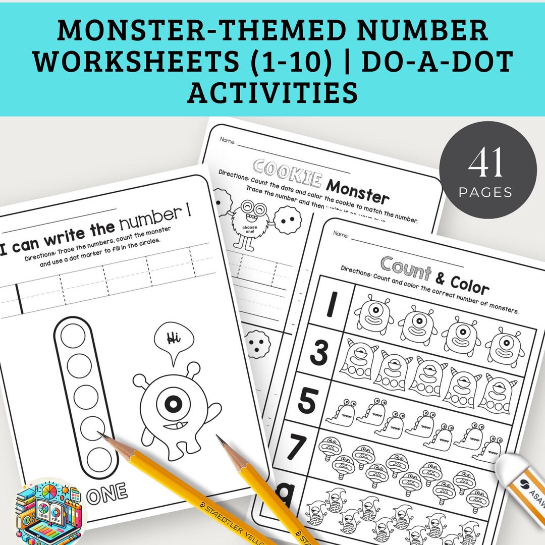 Monster-themed Number Worksheets (1-10) | Do-a-dot Activities - Etsy