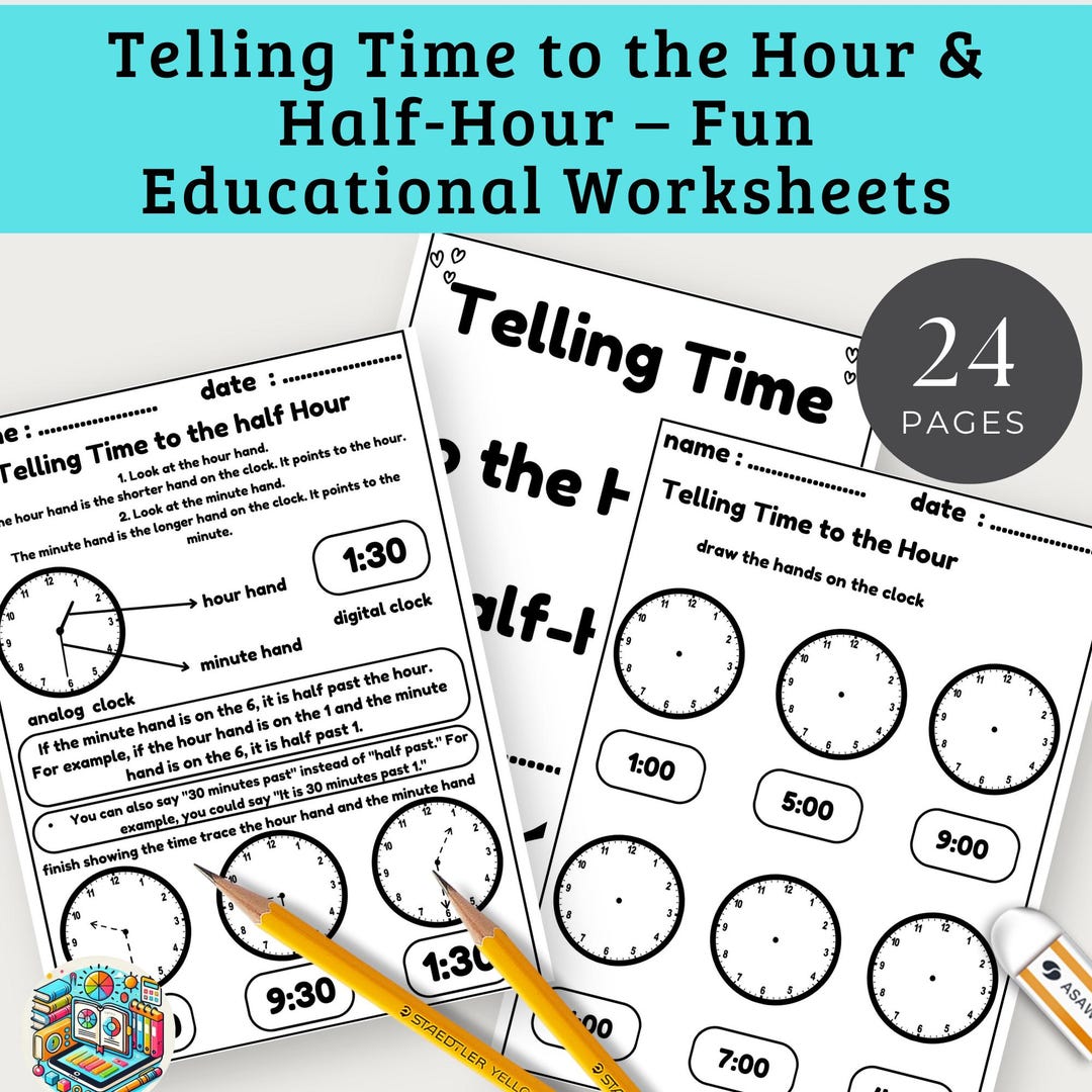 Telling Time to the Hour & Half-hour – Fun Educational Worksheets - Etsy