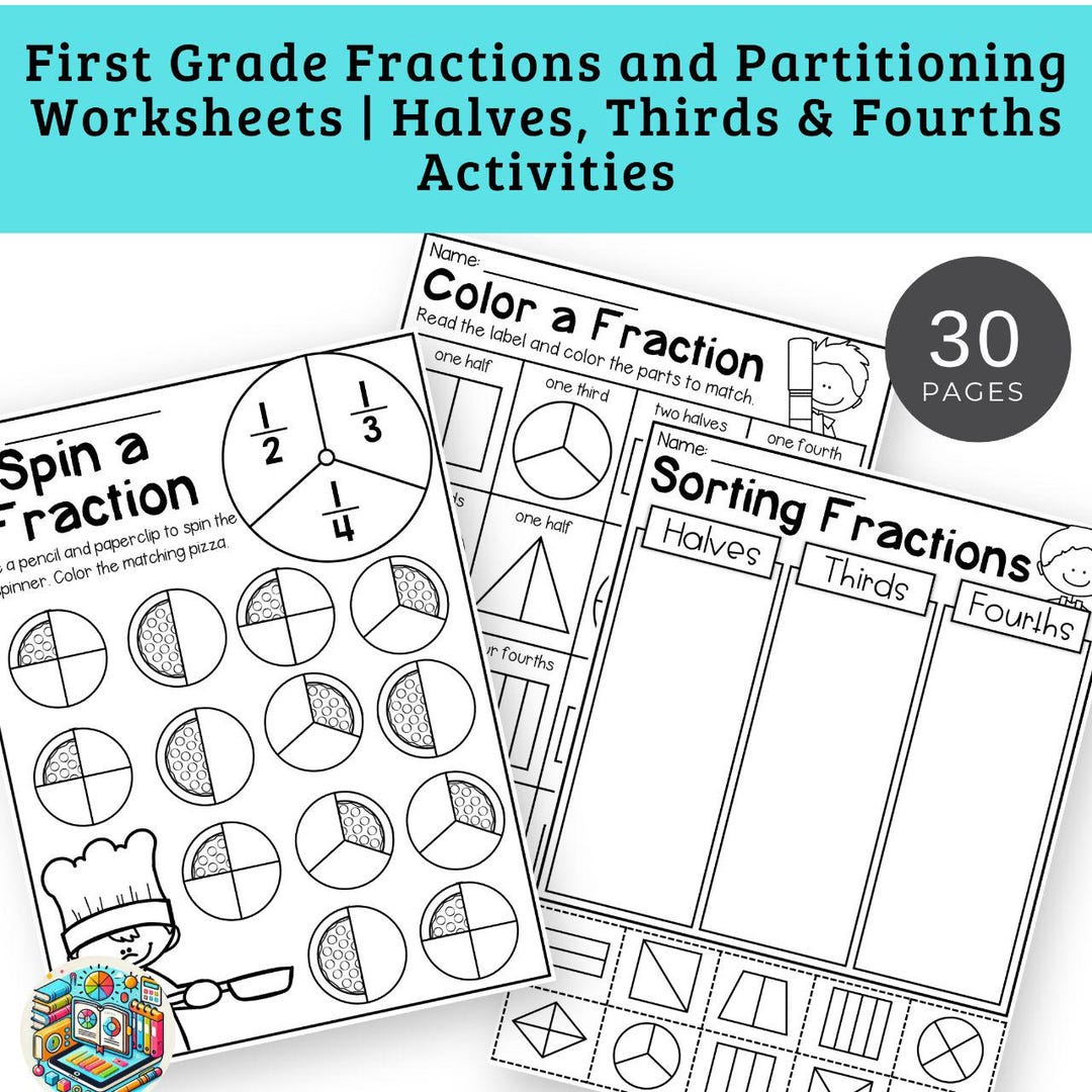 First Grade Fractions and Partitioning Worksheets | Halves, Thirds ...