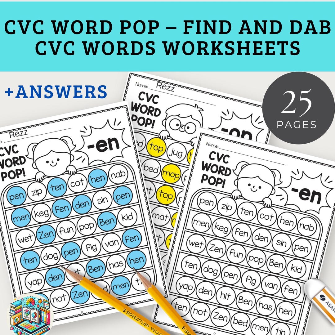 CVC Word Pop – Find and Dab CVC Words Worksheets - Etsy