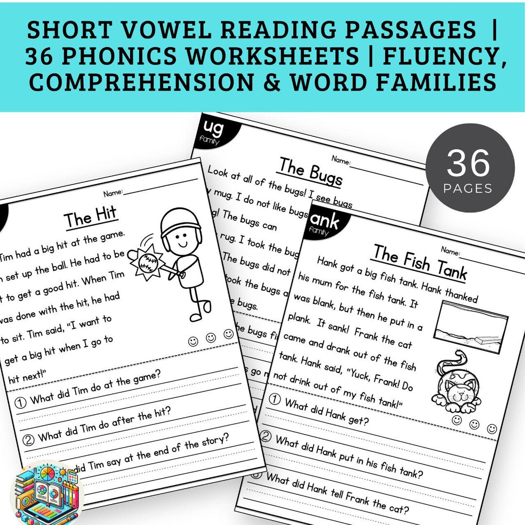 Short Vowel Reading Passages | 36 Phonics Worksheets | Fluency ...