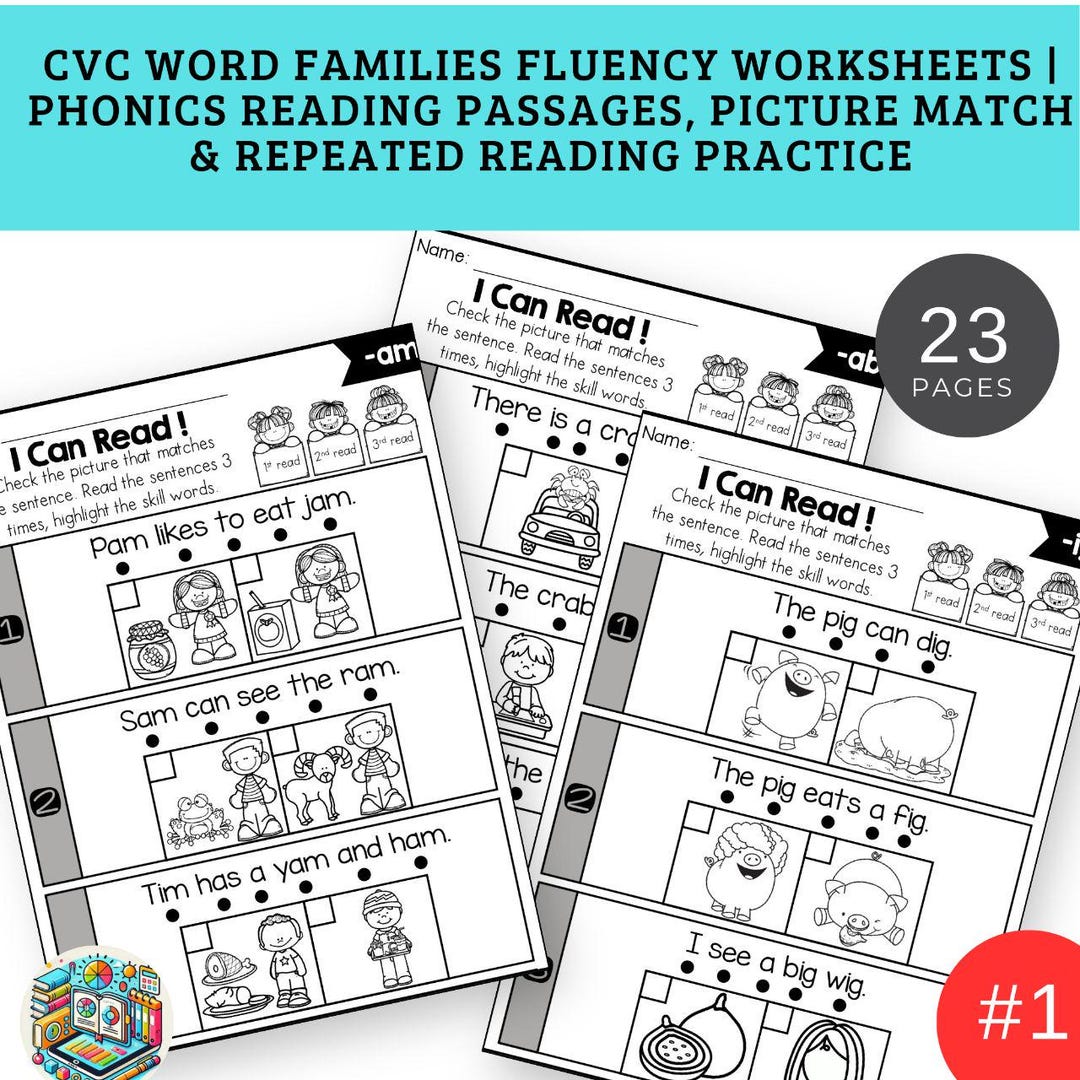 CVC Word Families Fluency Worksheets | Phonics Reading Passages ...
