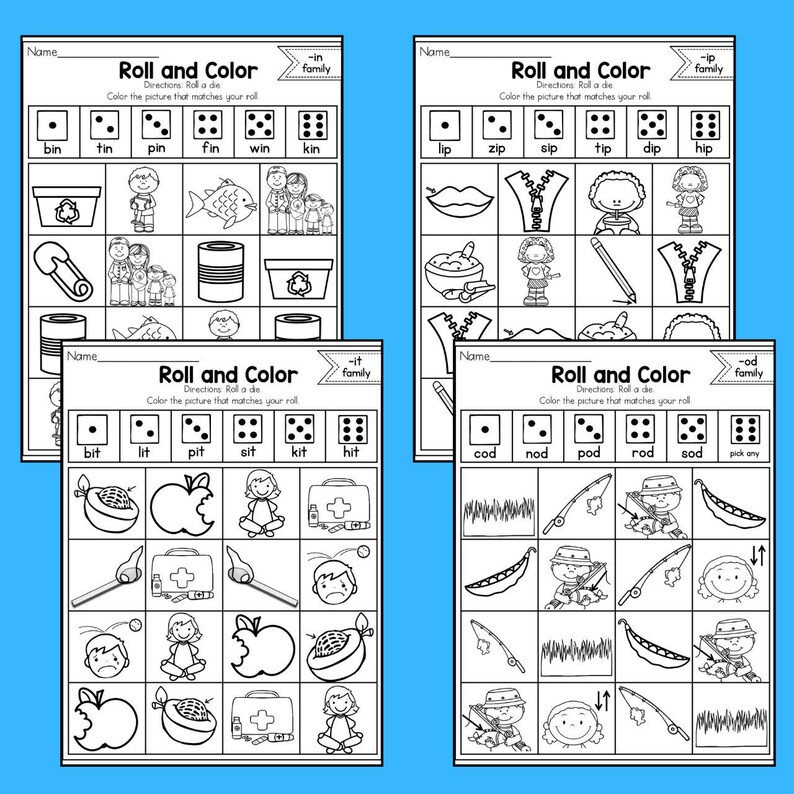 CVC Word Family Dice Games | Roll and Color Phonics Fluency Worksheets ...
