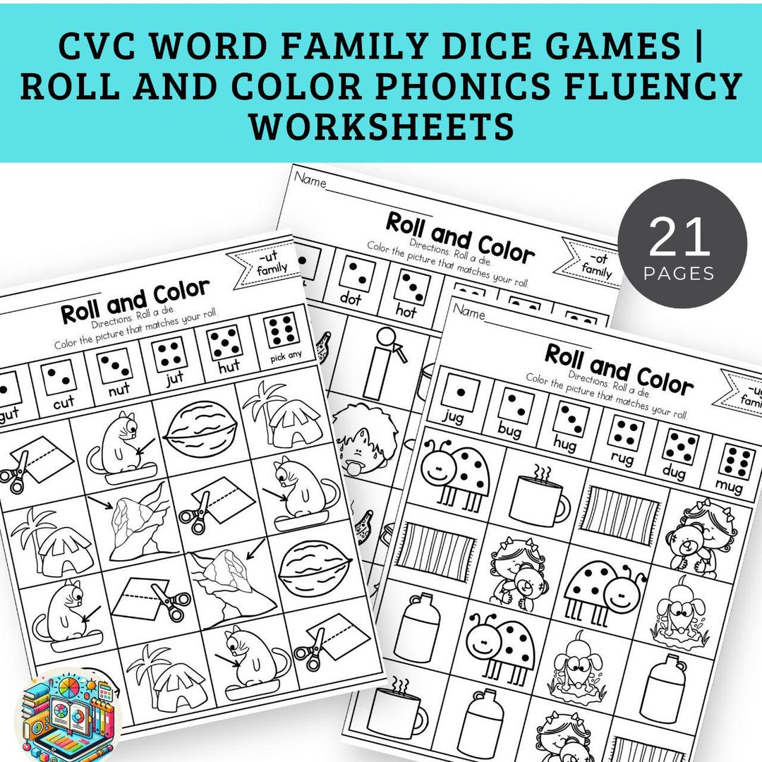 CVC Word Family Dice Games | Roll and Color Phonics Fluency Worksheets ...