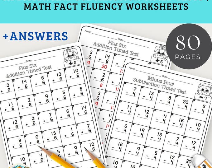Math Fact Fluency Addition and Subtraction to 20 Timed Tests Practice ...