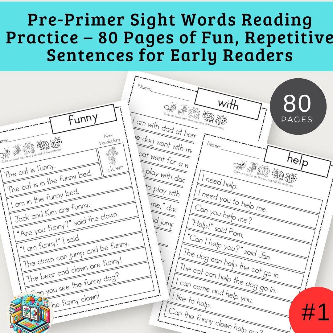Pre-primer Sight Words Reading Practice – 80 Pages of Fun, Repetitive ...