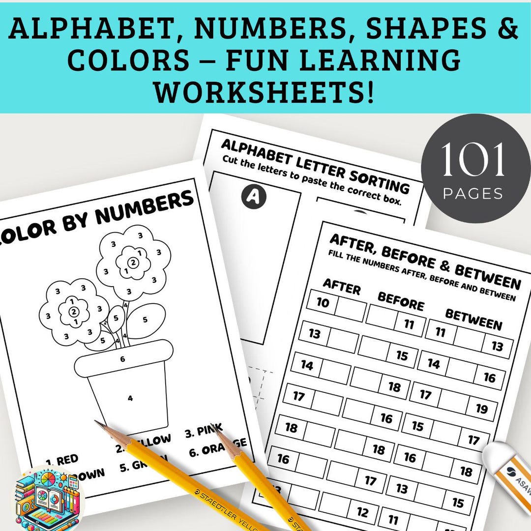 Alphabet, Numbers, Shapes & Colors – Fun Learning Worksheets! - Etsy