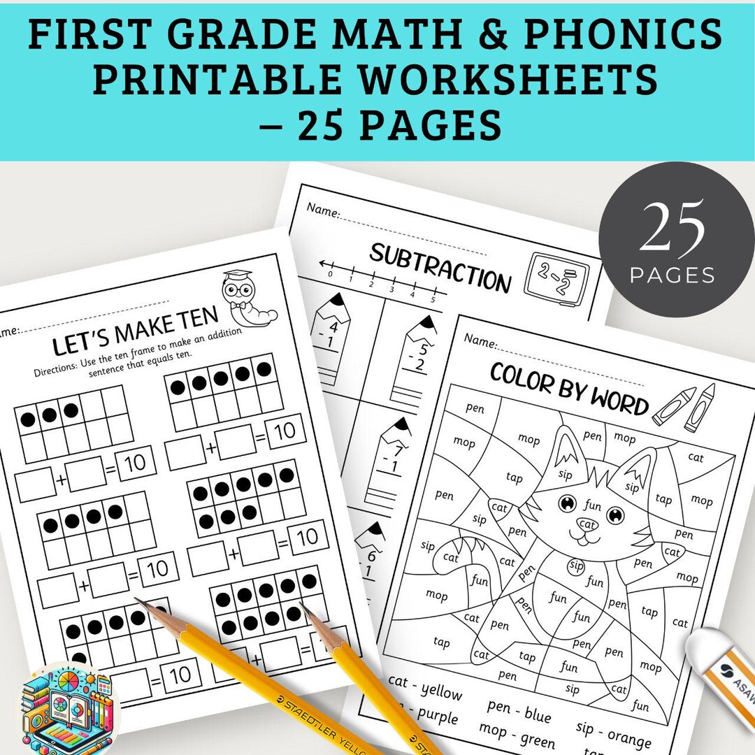 First Grade Math & Phonics Printable Worksheets – 25 Pages - Etsy