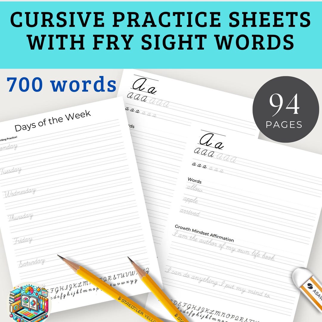 Cursive Practice Sheets With Fry Sight Words & Growth Mindset ...