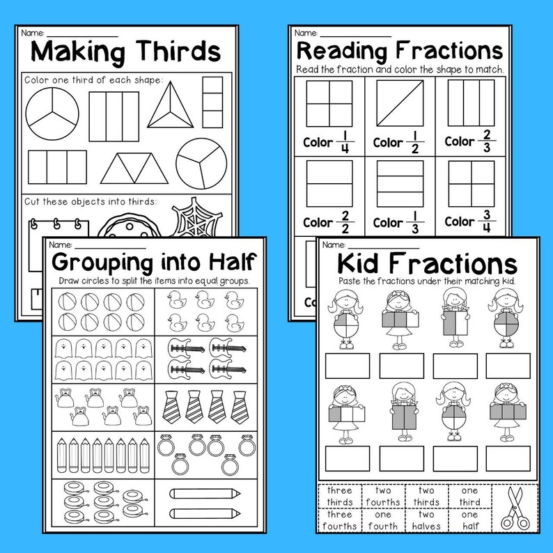 First Grade Fractions and Partitioning Worksheets | Halves, Thirds ...