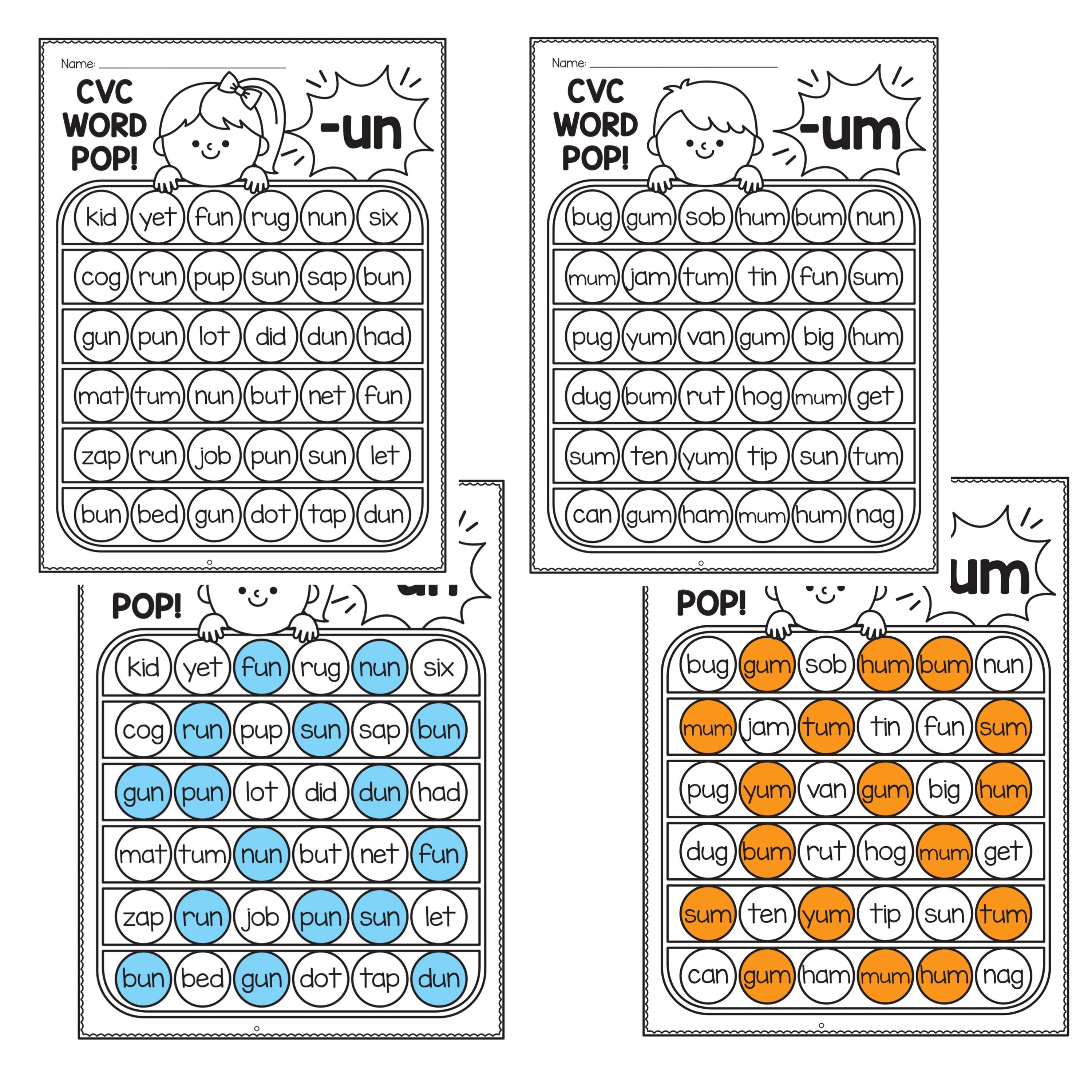 CVC Word Pop Find and Dab CVC Words Worksheets - Etsy