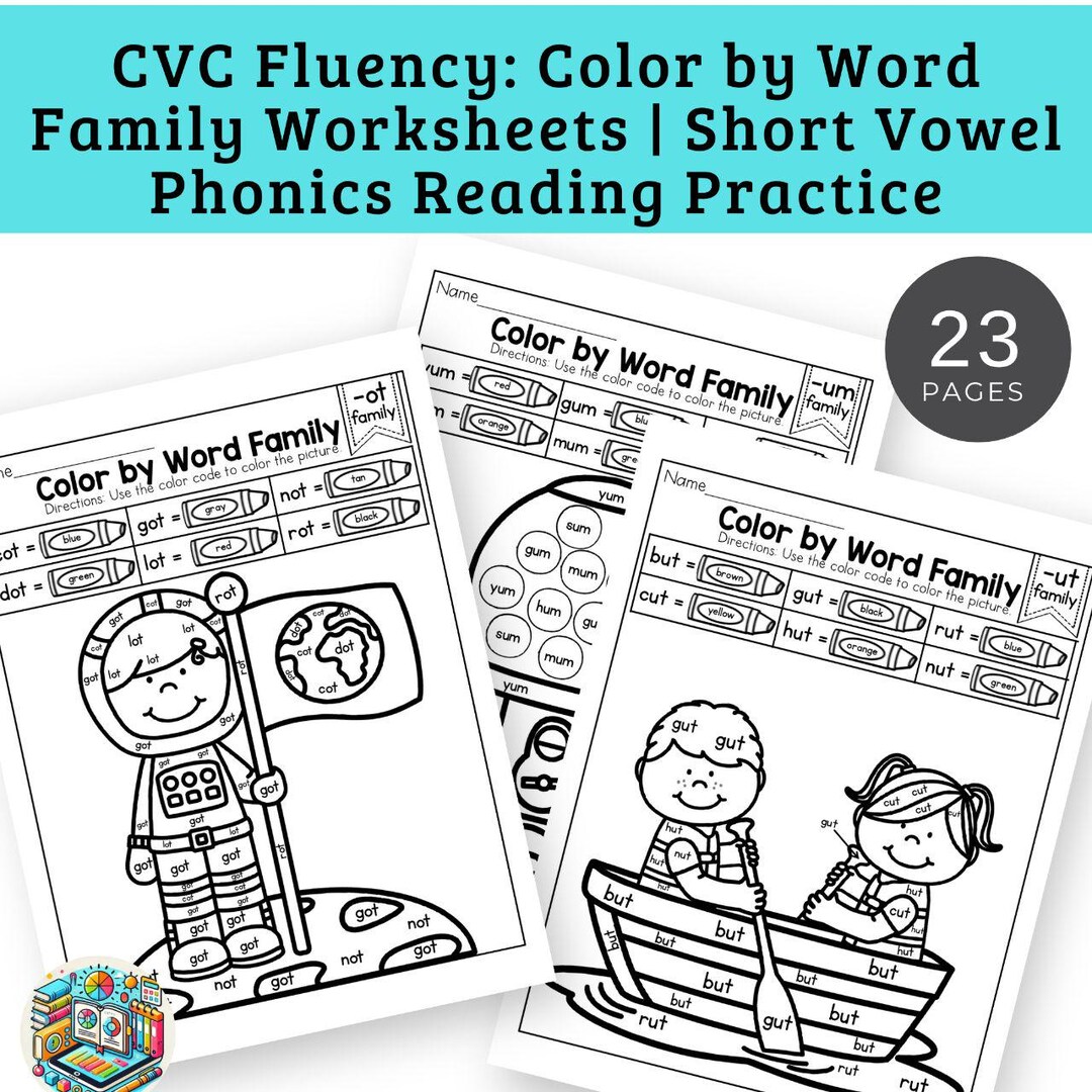 CVC Fluency: Color by Word Family Worksheets | Short Vowel Phonics ...