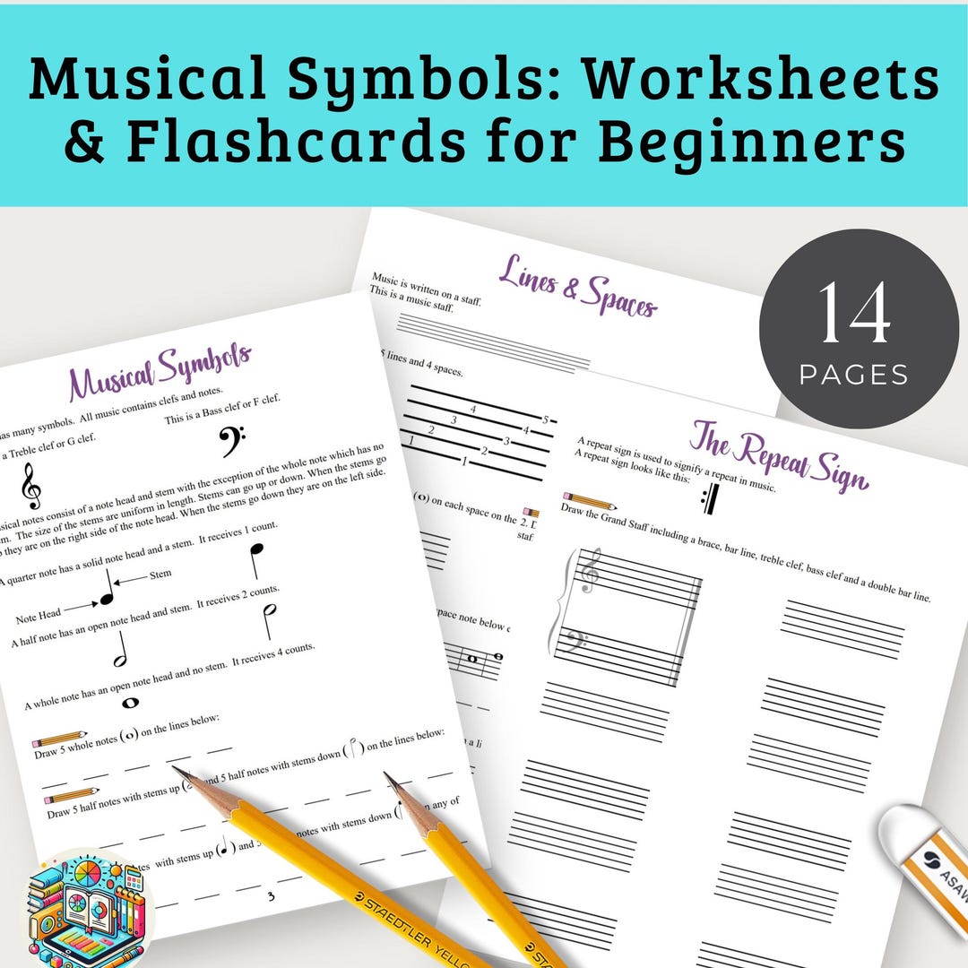 Musical Symbols: Worksheets & Flashcards for Beginners - Etsy