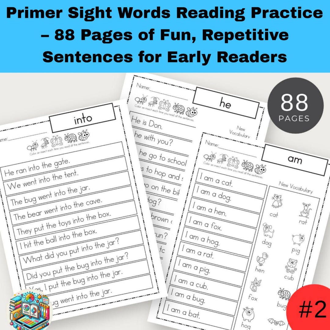 Primer Sight Words Reading Practice – 88 Pages of Fun, Repetitive ...
