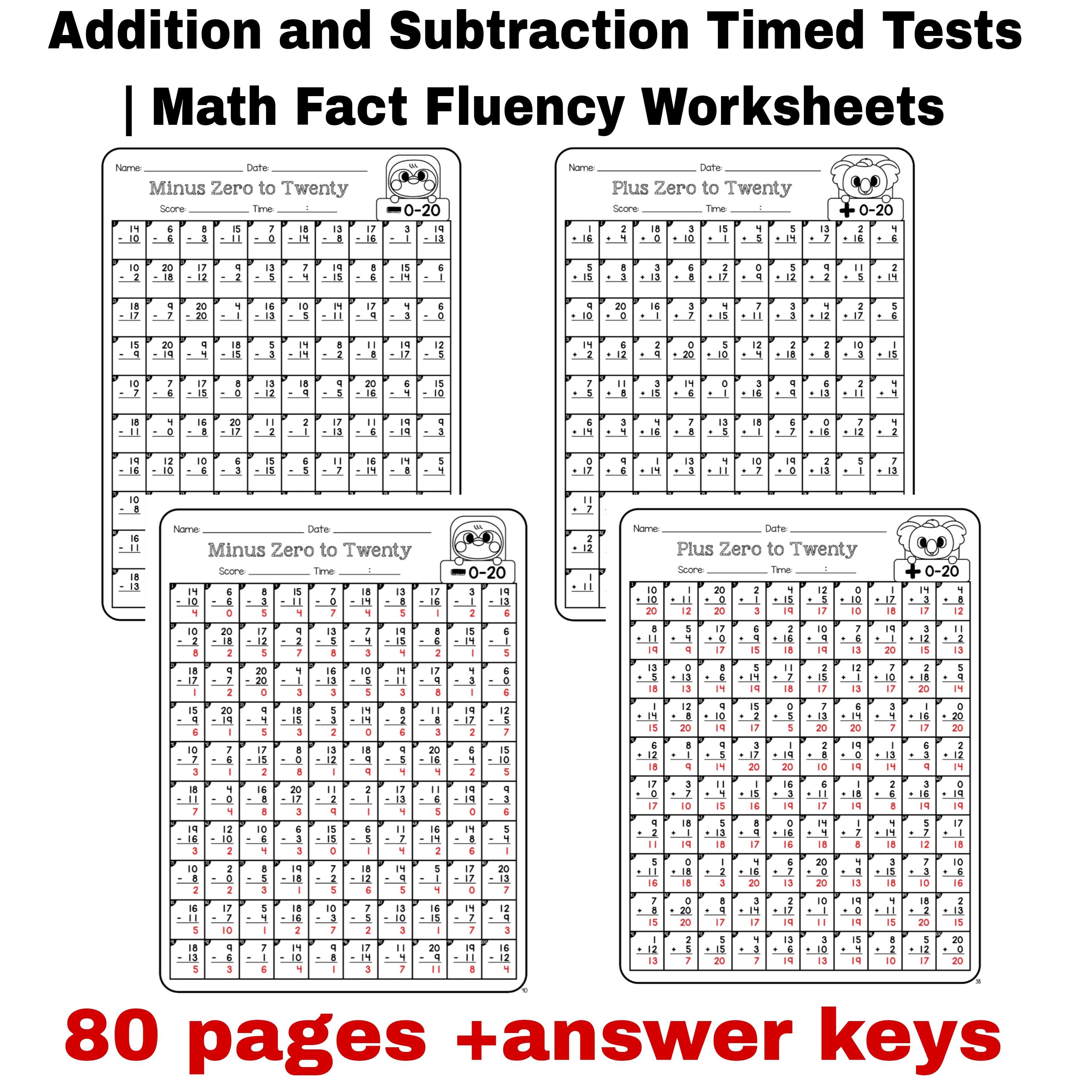 Addition and Subtraction Timed Tests | Math Fact Fluency Worksheets - Etsy