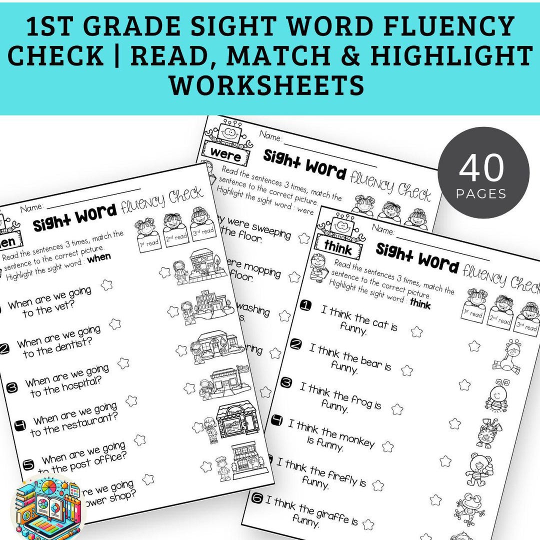1st Grade Sight Word Fluency Check | Read, Match & Highlight Worksheets ...