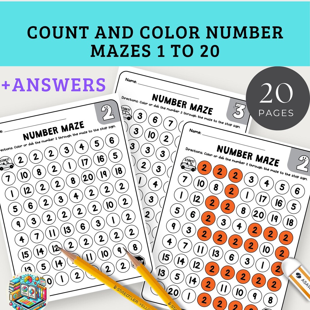 Count and Color Number Mazes 1 to 20 - Etsy