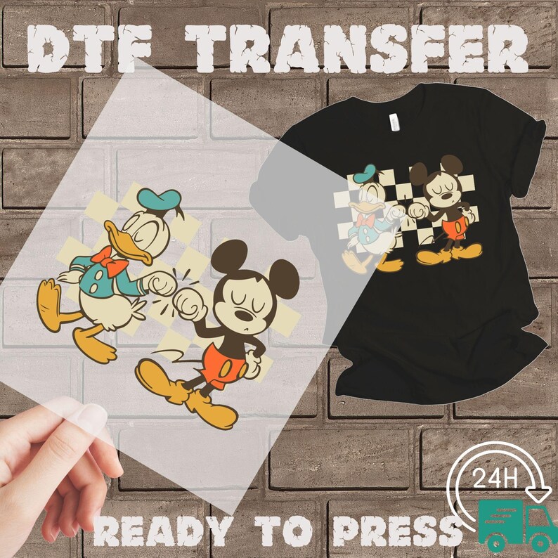 Retro Checkered Mickey Mouse and Donald Duck Fist Bump DTF Transfer ...