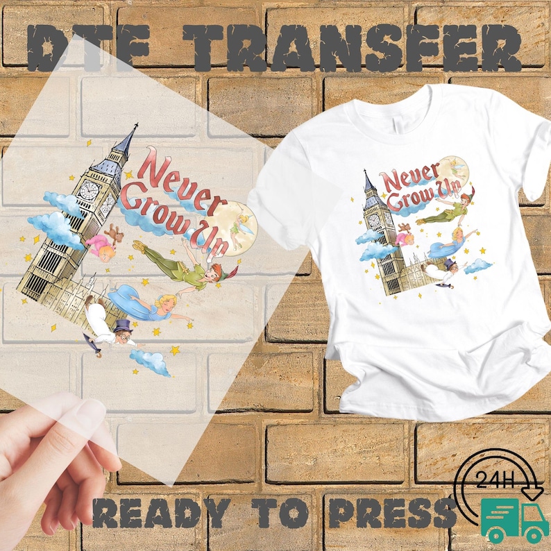 Retro Never Grow up Disney Peter Pan DTF Transfer, Peter Pan Tinker ...