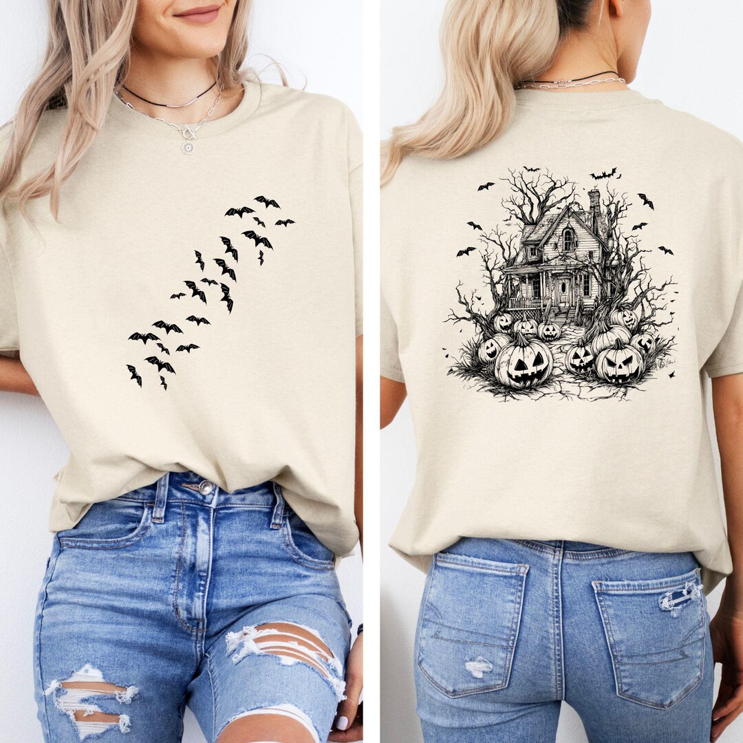 Comfort Color Haunted House Halloween Shirt, Halloween Party Bats ...